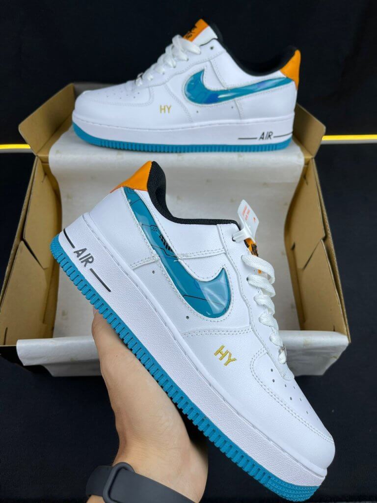 Giày AF1 HY - Giày AF1 Trắng Logo Xanh Chuẩn Siêu Cấp